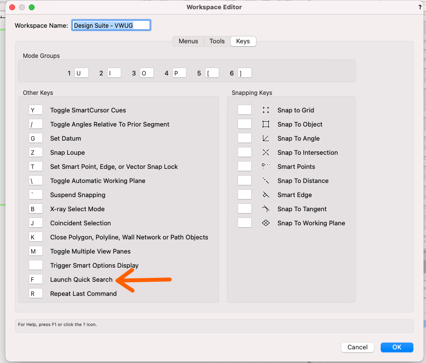 "Search Vectorworks" window / palette; can you change the hotkey ...