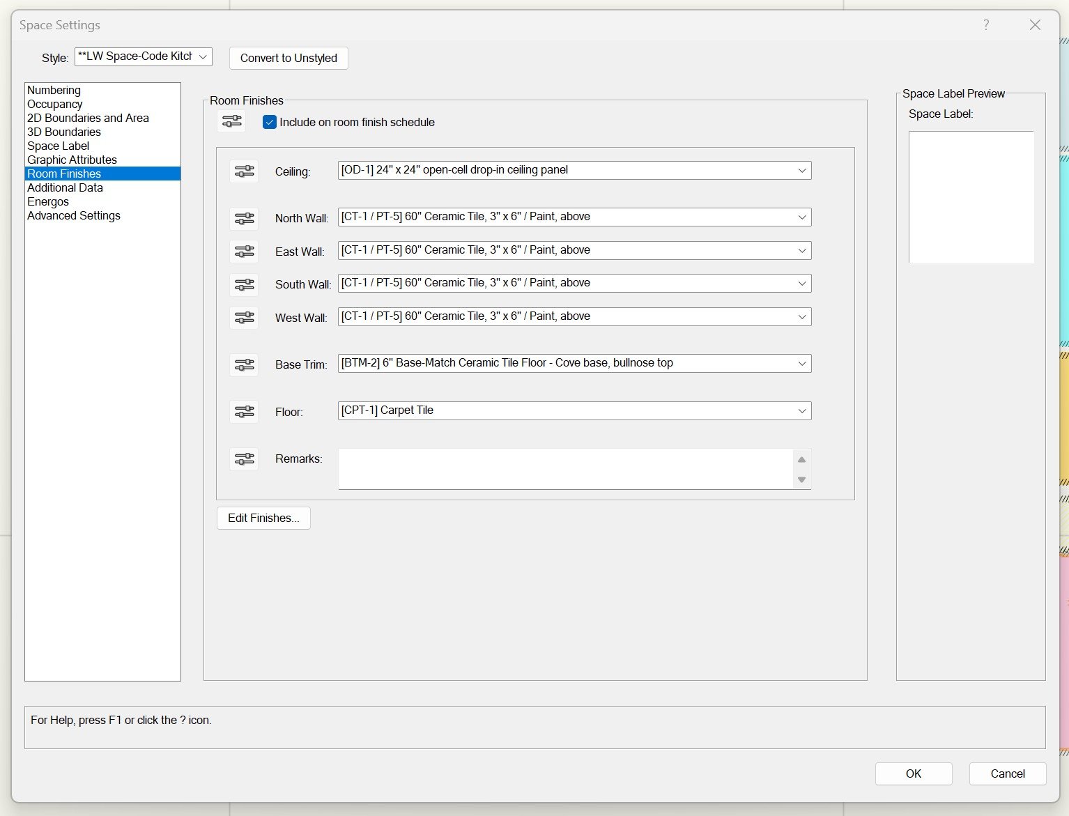 Space tool room finishes - "Edit Finishes" dialog changes room finish selections ...