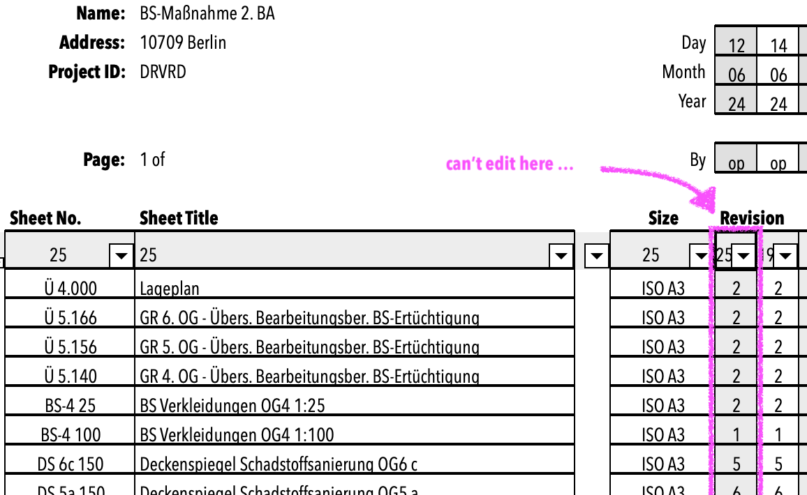 Revision data that populates all sheets and records all revisions on a ...