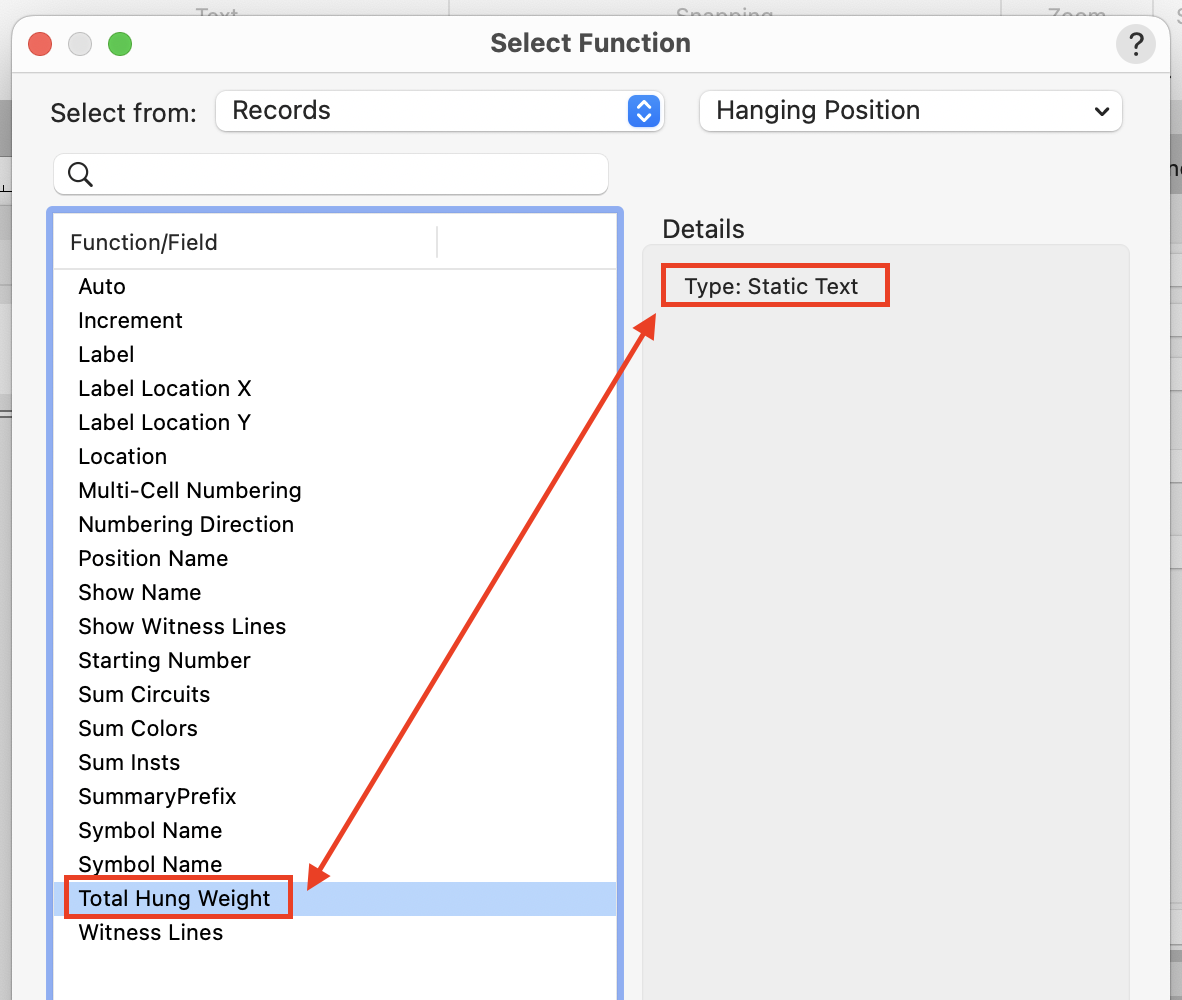 Hanging Position : Total Hung Weight in Static text format, not decimal ...