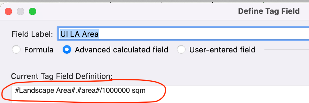 VW2026 Data Tag for Landscape Area showing area in square millimeters ...